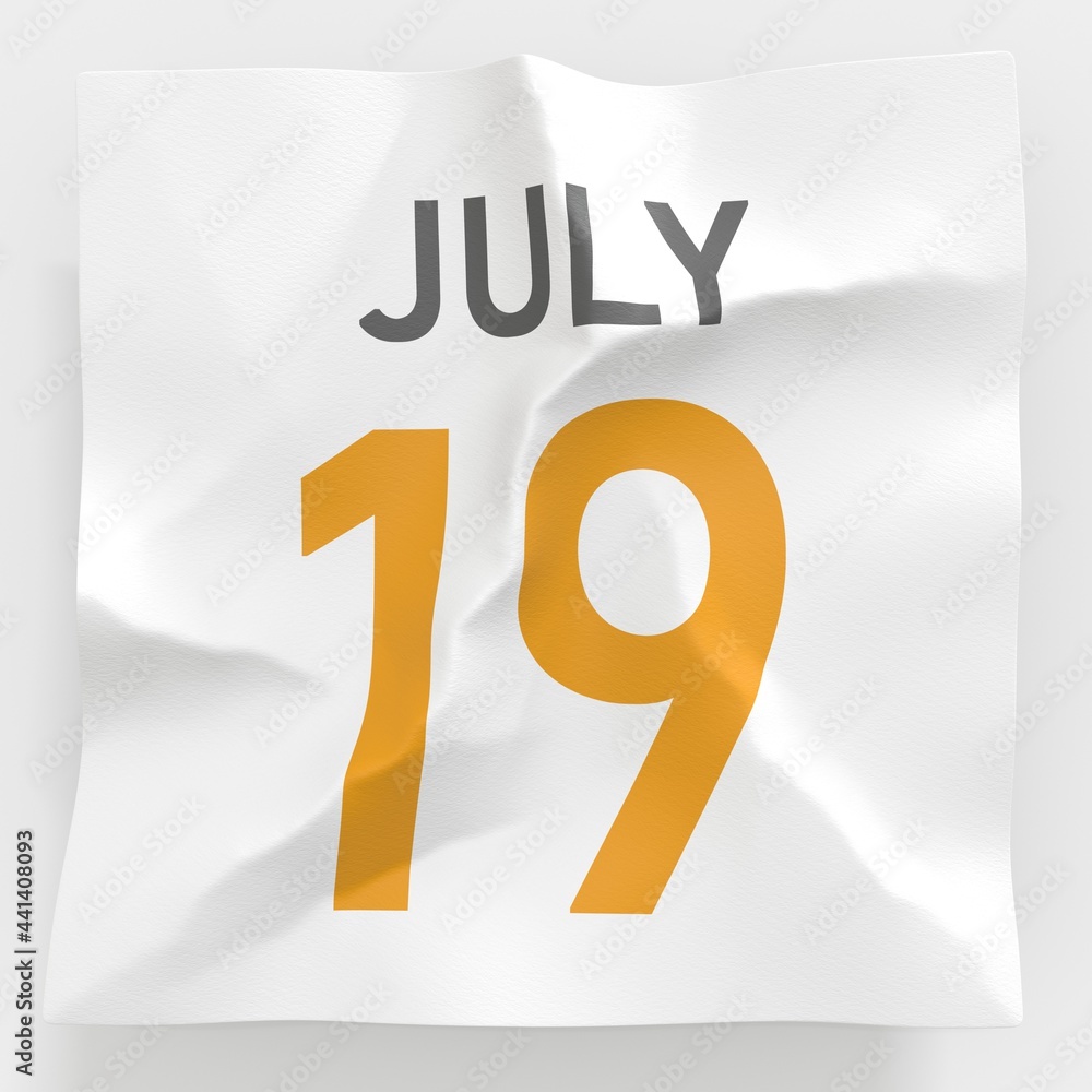 July 19 date on crumpled paper page of a calendar, 3d rendering Stock ...