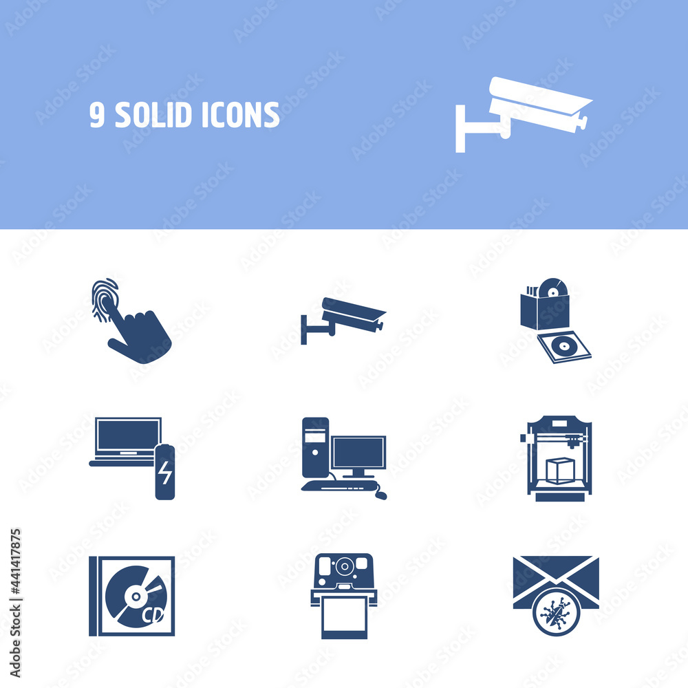 Device icon set and 3d printer with computer, cd disk and dvd storage ...