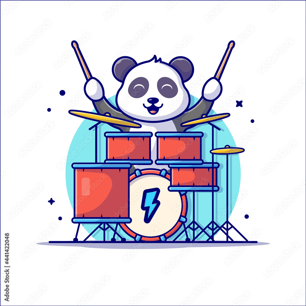 Cute Panda Playing Drum with Stick Music Cartoon Vector Icon ...