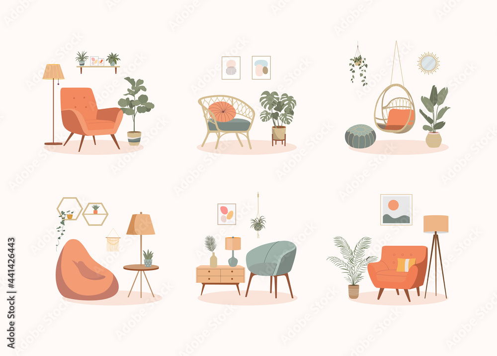 House interior objects isolated set. Home furniture. Chairs and plants ...