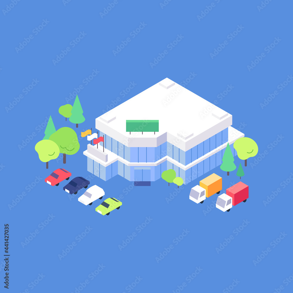 Isometric mall building flat illustration. Mall outside with flags ads ...
