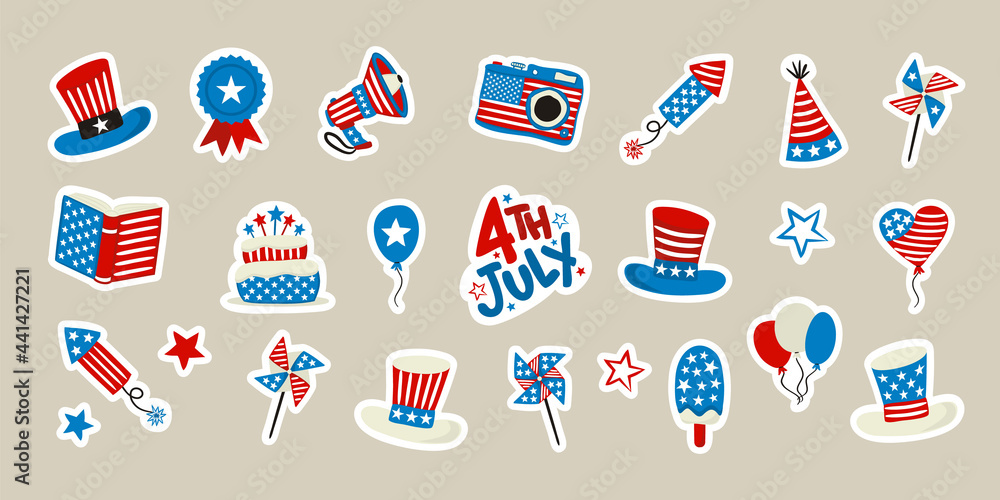 Set of stickers for USA Independence Day. Symbols of the United States ...