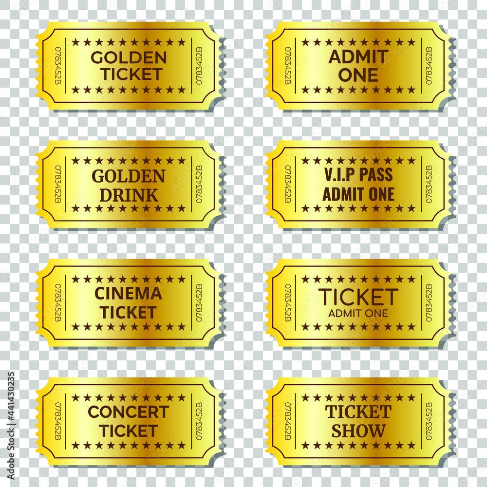 Collection of Golden Ticket on transparent background.Golden Ticket set ...