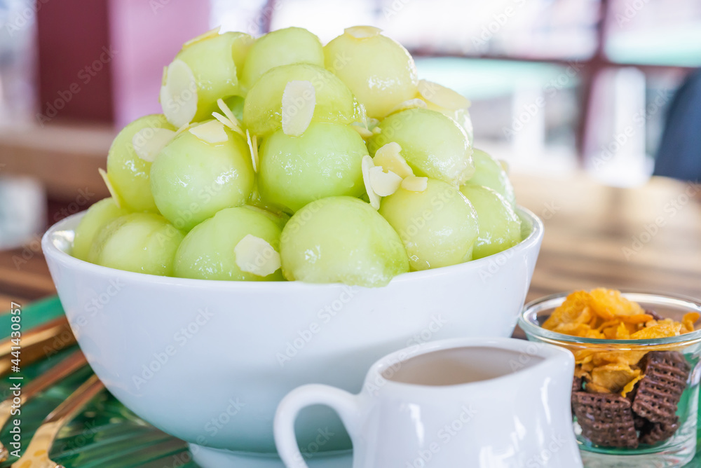 Ice watermelon Bingsu with sliced almond. Bingsu or Bingsu is a Korean ...