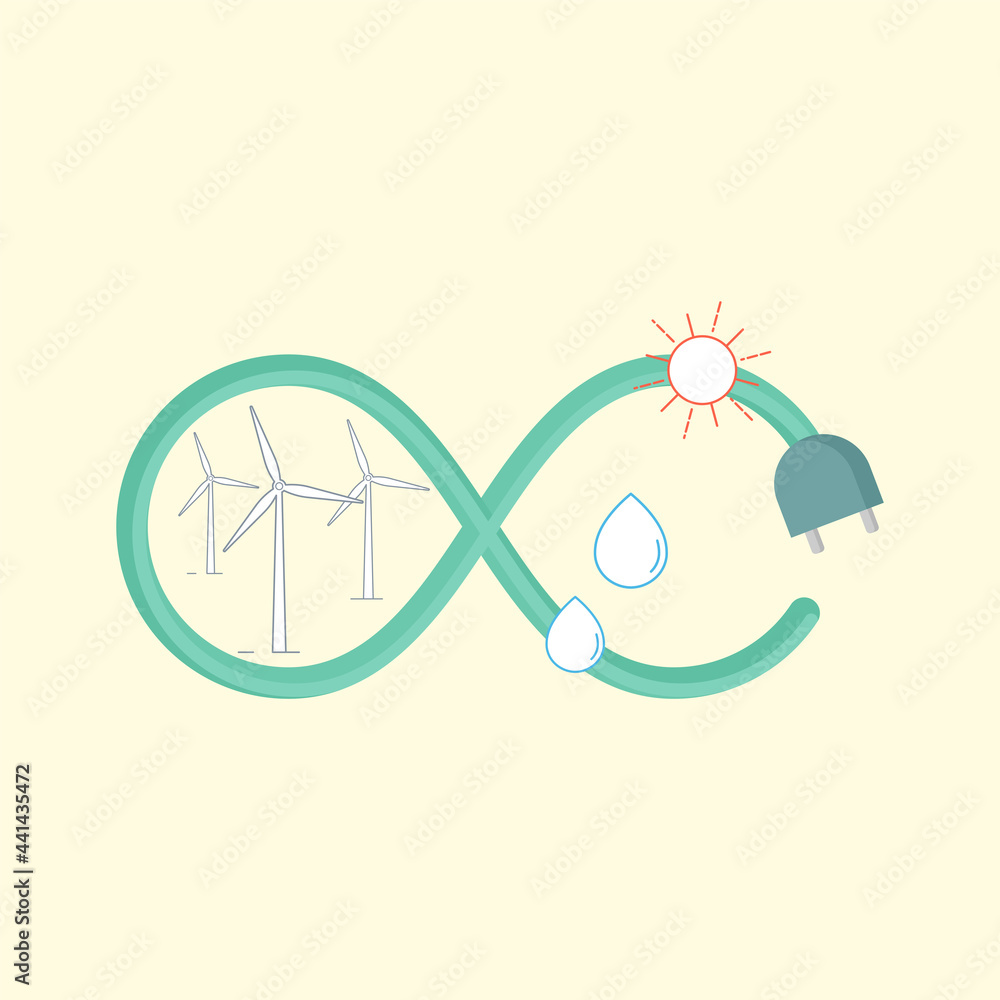 Electric cord in shape of infinity symbol. Renewable energy is infinite ...