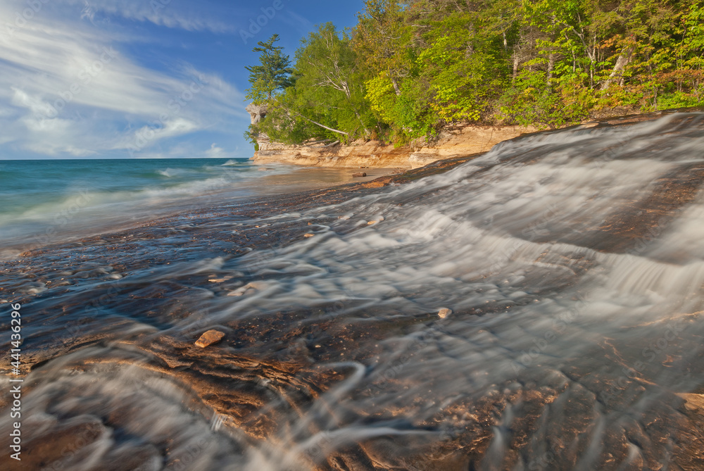 Summer landscape of Chapel Beach, Waterfall, and Rock, Lake Superior ...