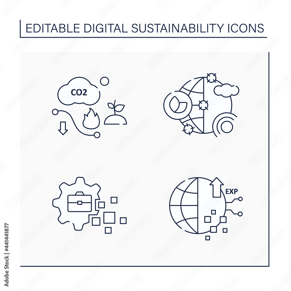 Digital sustainability line icons set. Climate change goals, business ...