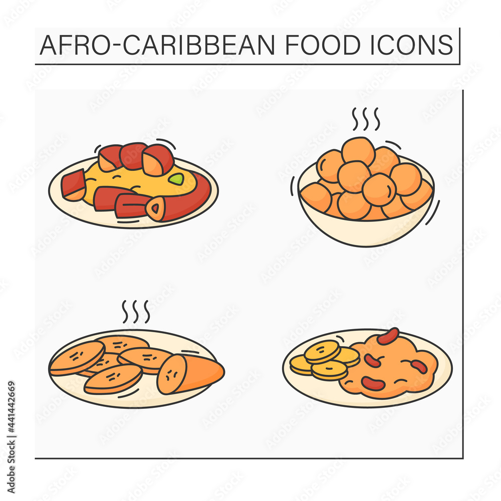 Afro-Caribbean food color icons set. Jollof oxtail, fried plantain, ewa ...