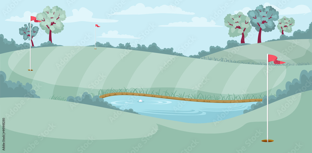 Landscape of the golf course. Green field, lake, and hills of golf club ...