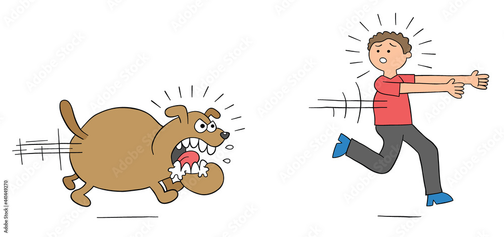 Cartoon angry dog chases man and man runs away, vector illustration ...
