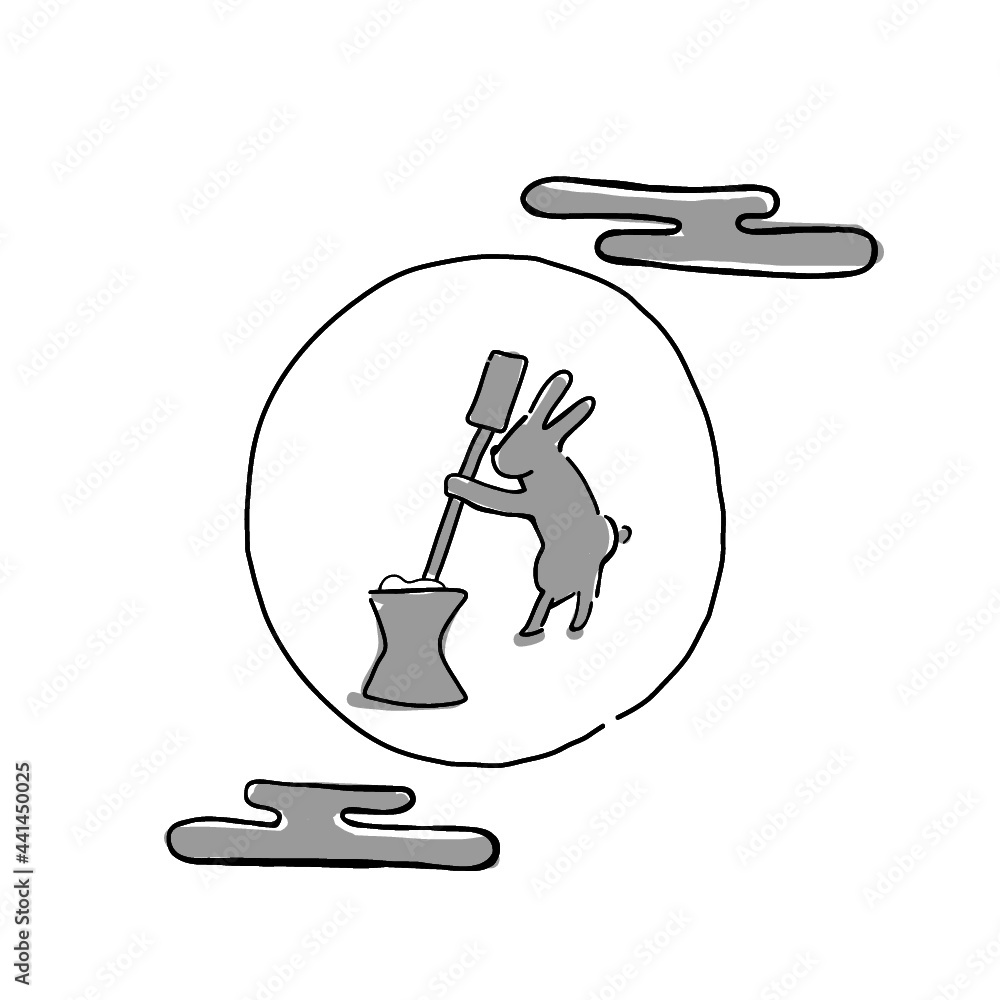 hand drawn illustration of the bunny pounding mochi in the moon Stock ...