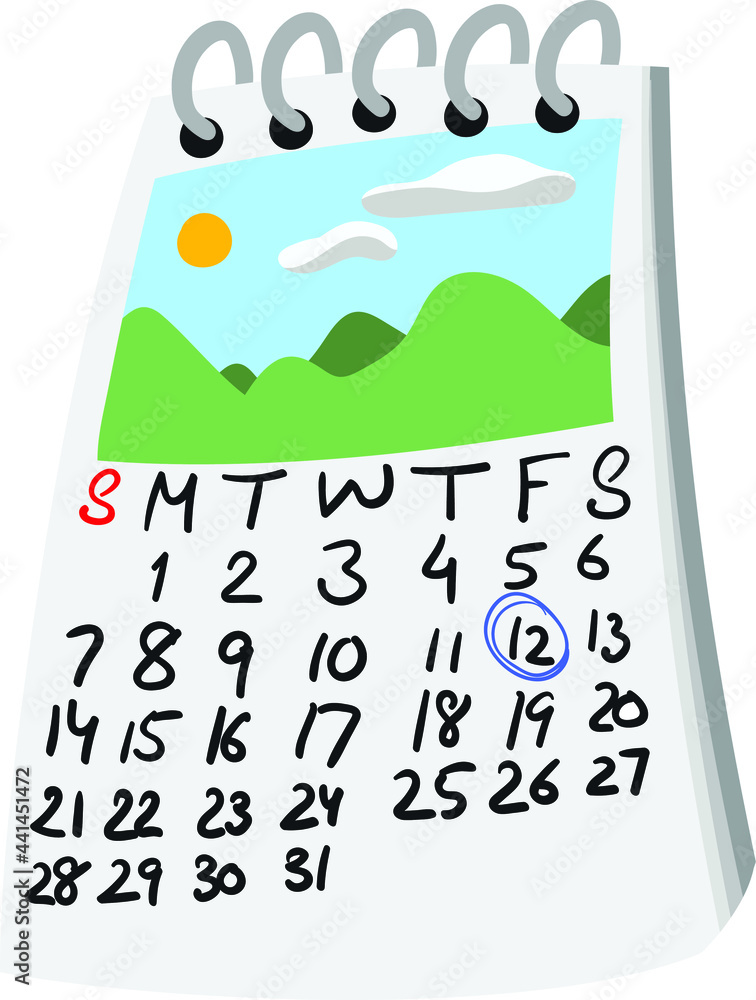 Cartoon style travel Calendar with date circled and travel picture on ...