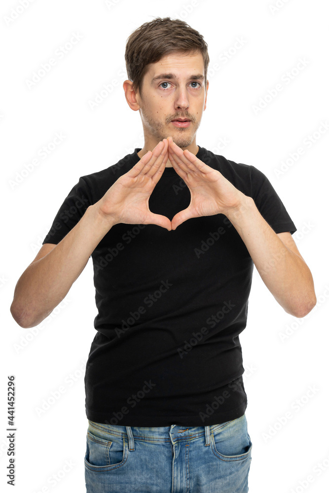 Young handsome tall slim white man with brown hair joining his fingers ...