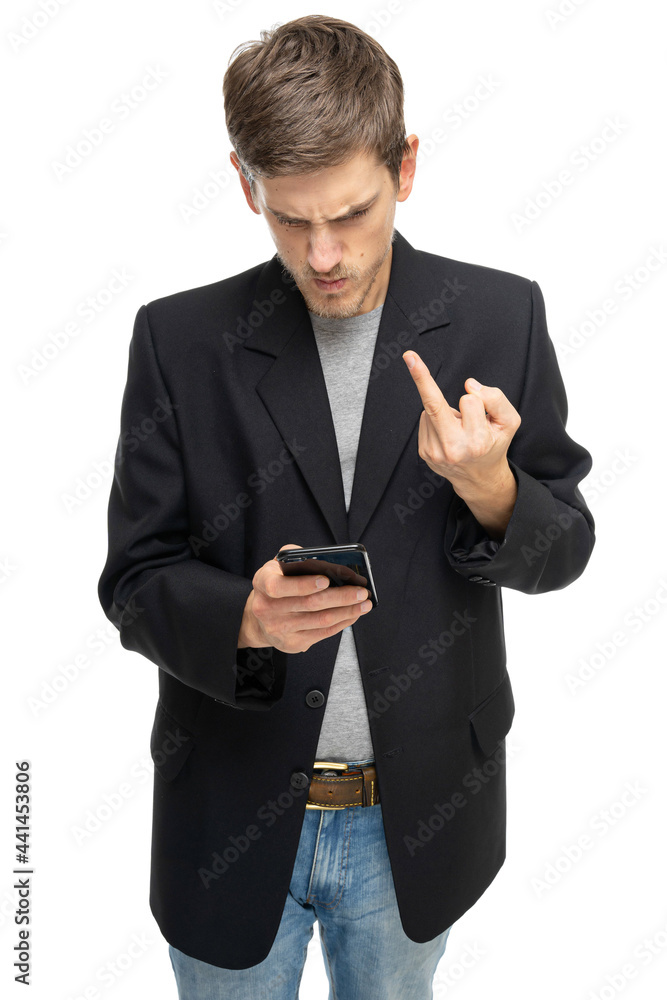 Young handsome tall slim white man with brown hair is flipping off his ...
