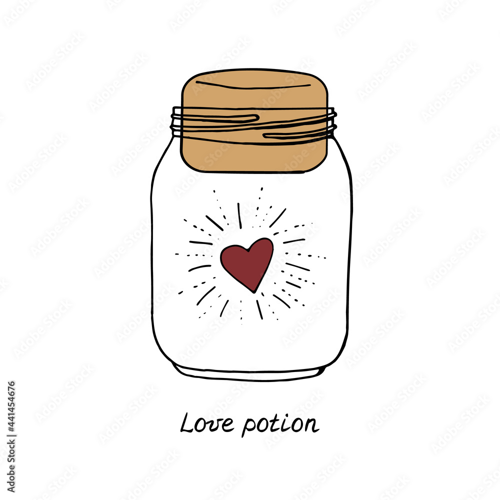 Line art illustration of hand drawn heart in mason jar. Lettering text ...