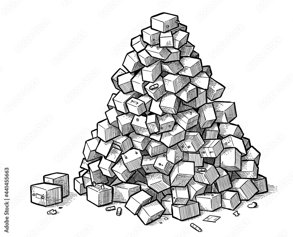 Hand drawing illustration of a pile of old discarded batteries. Stock ...