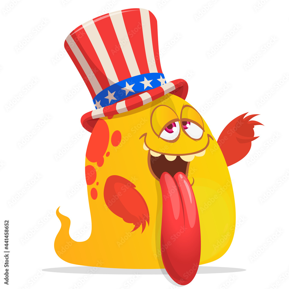 Cartoon funny monster wearing Amirican uncle Sam hat on USA ...