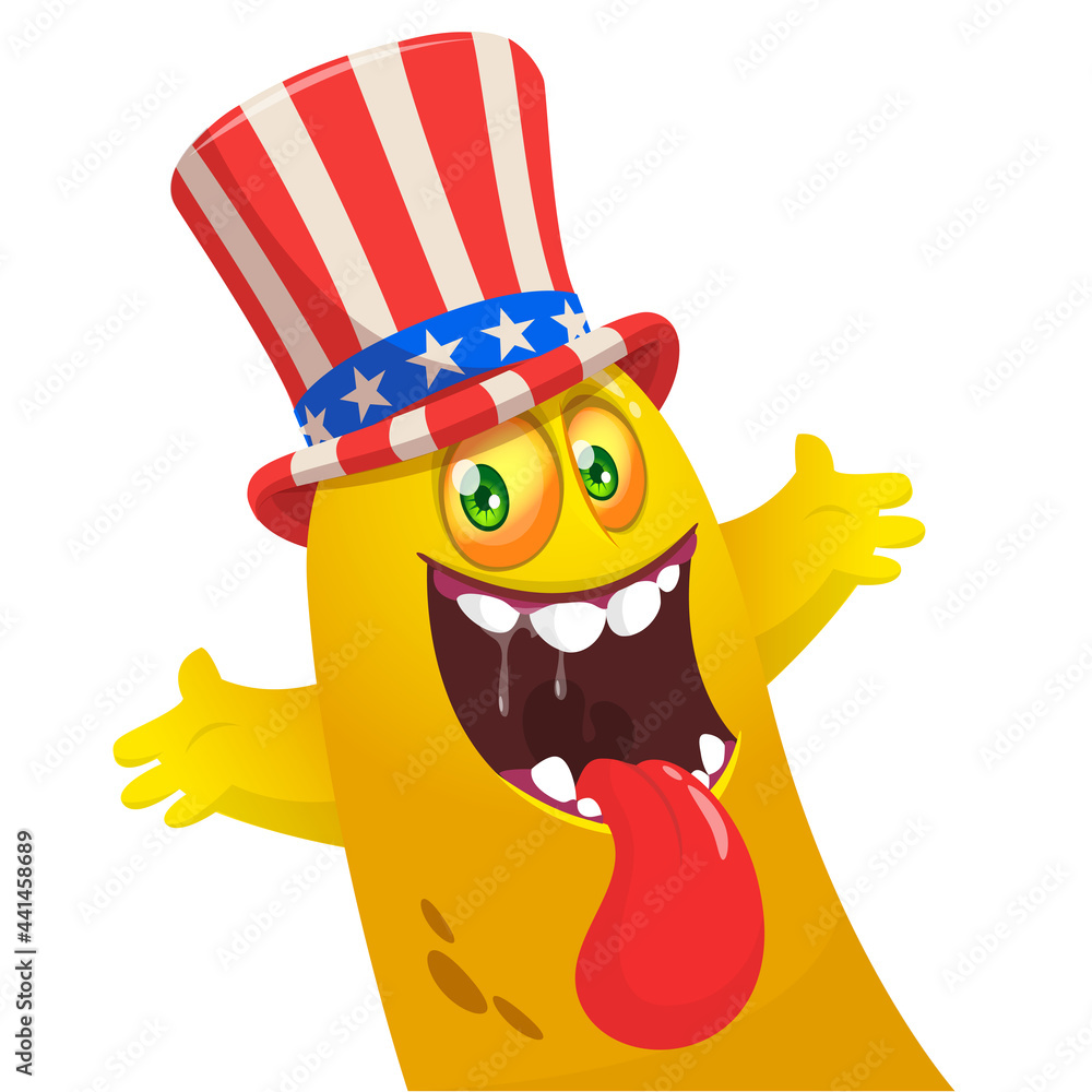 Cartoon funny monster wearing Amirican uncle Sam hat on USA ...