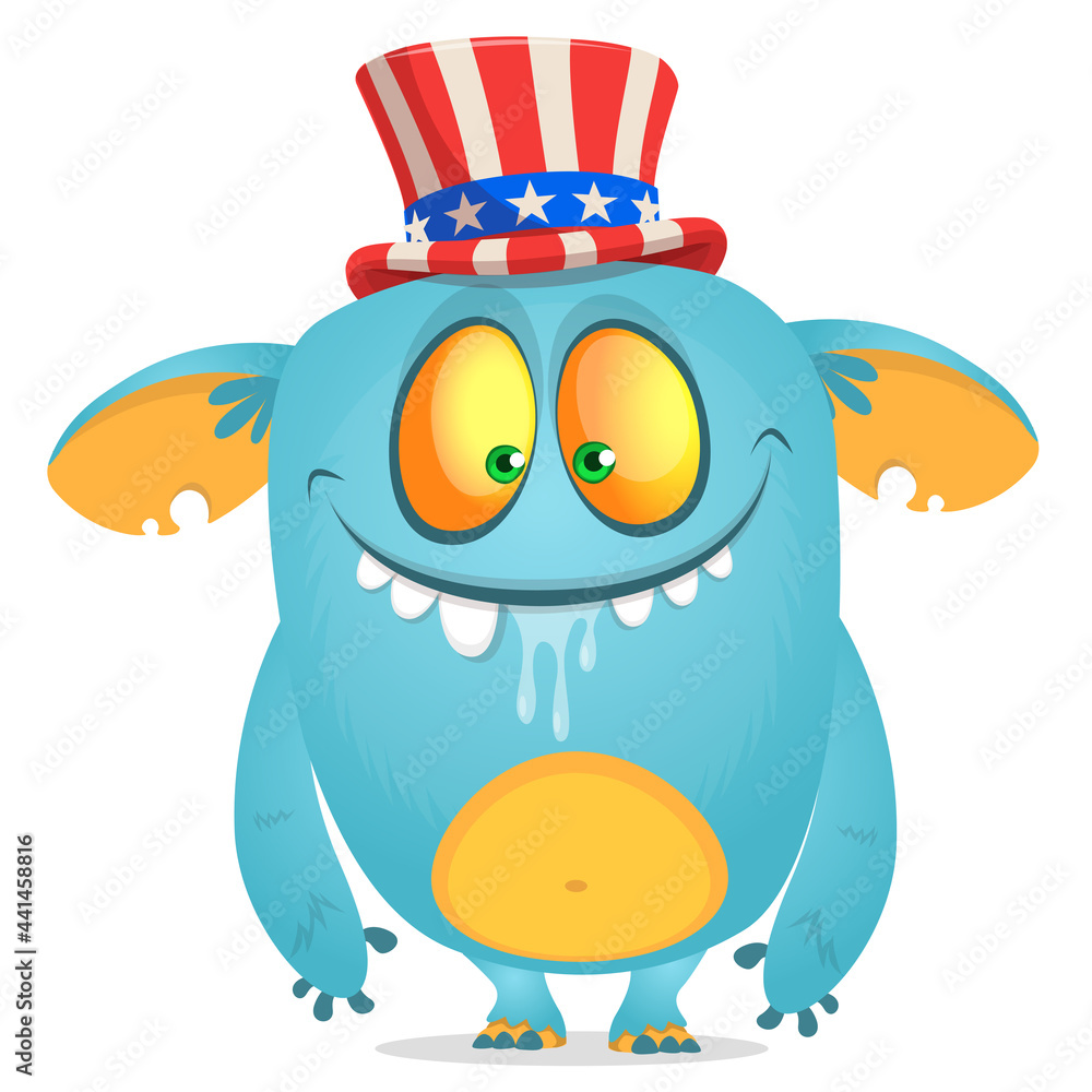 Cartoon funny monster wearing Amirican uncle Sam hat on USA ...