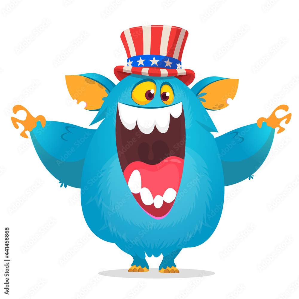 Cartoon funny monster wearing Amirican uncle Sam hat on USA ...