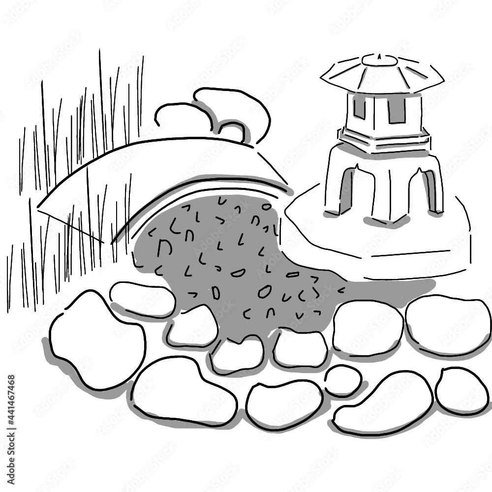 Hand drawn illustration of Japanese garden in simple drawing Stock ...
