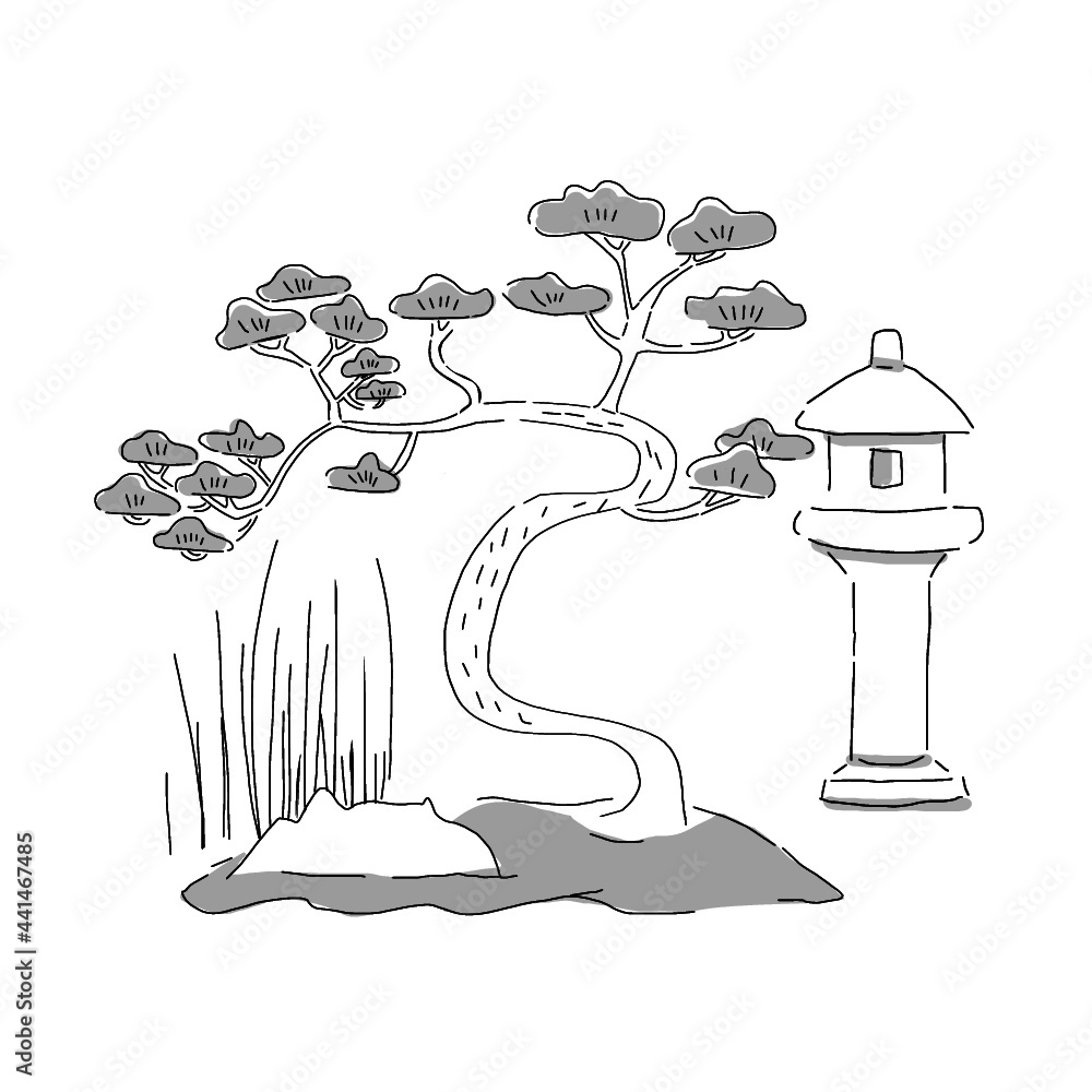 Hand drawn illustration of Japanese garden in simple icon drawing Stock ...