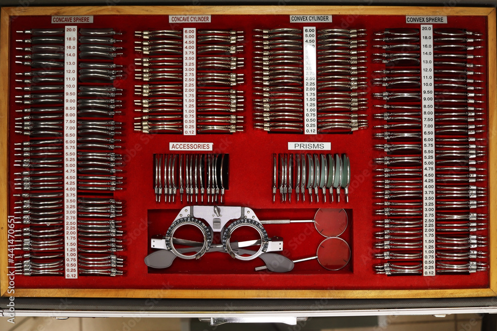 Optometrist suitcase. Instruments for testing visual acuity in an ...
