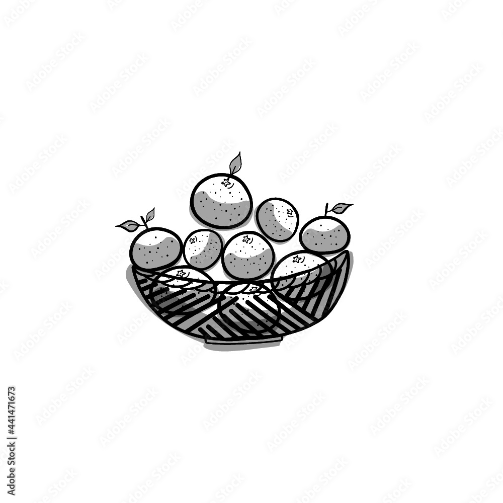 Hand drawn illustration of oranges in a basket in simple drawing Stock ...