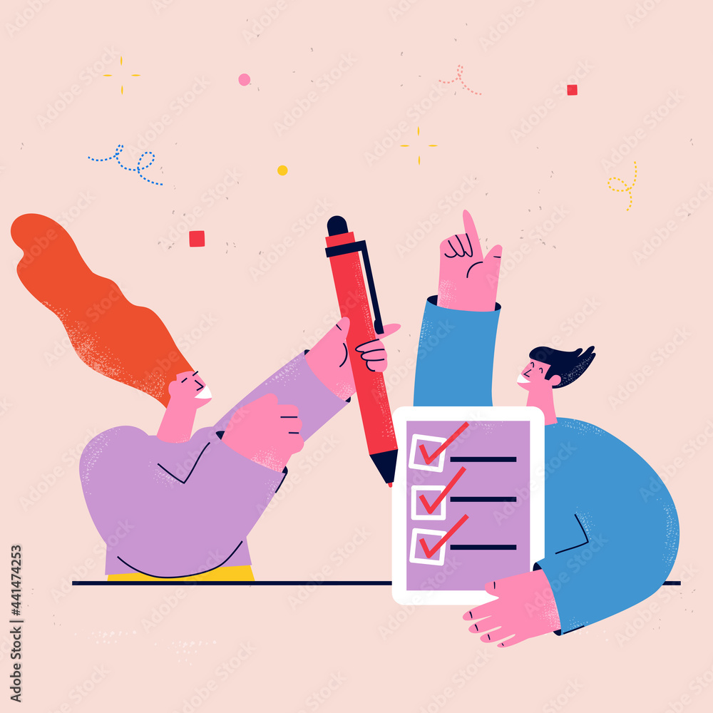 Man with checklist and woman with pencil, teamwork, completed survey ...