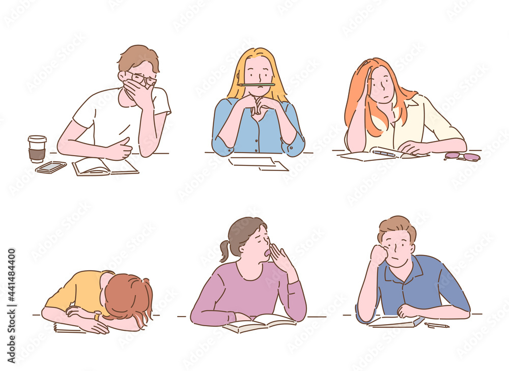 Students look bored while studying. hand drawn style vector design ...