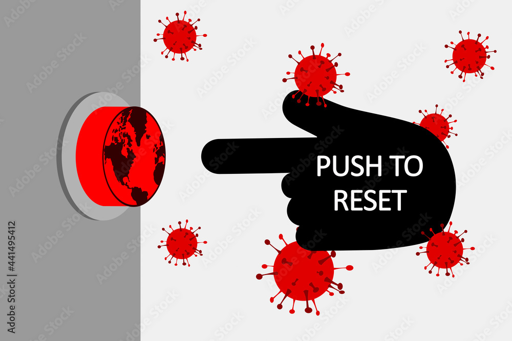 push to reset text on hand, red button with the world on it, surrounded ...