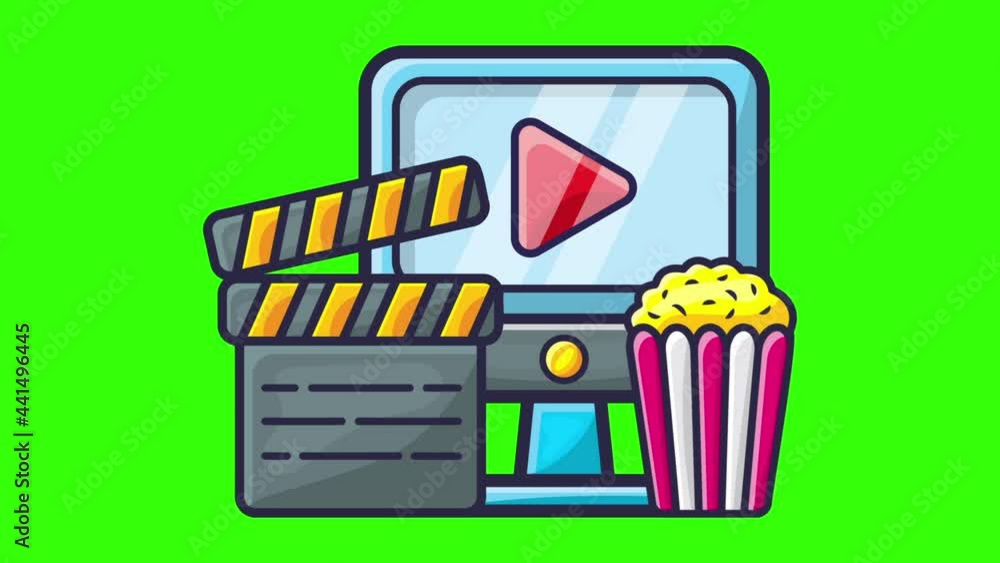 computer , clapper board and popcorn for watching movie concept ...