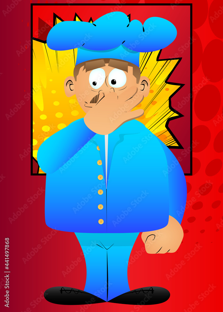Fat male cartoon chef in uniform holding his nose because of a bad ...