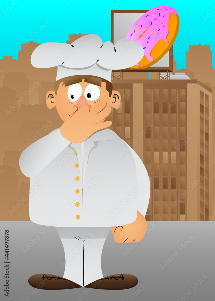 Fat male cartoon chef in uniform holding his nose because of a bad ...