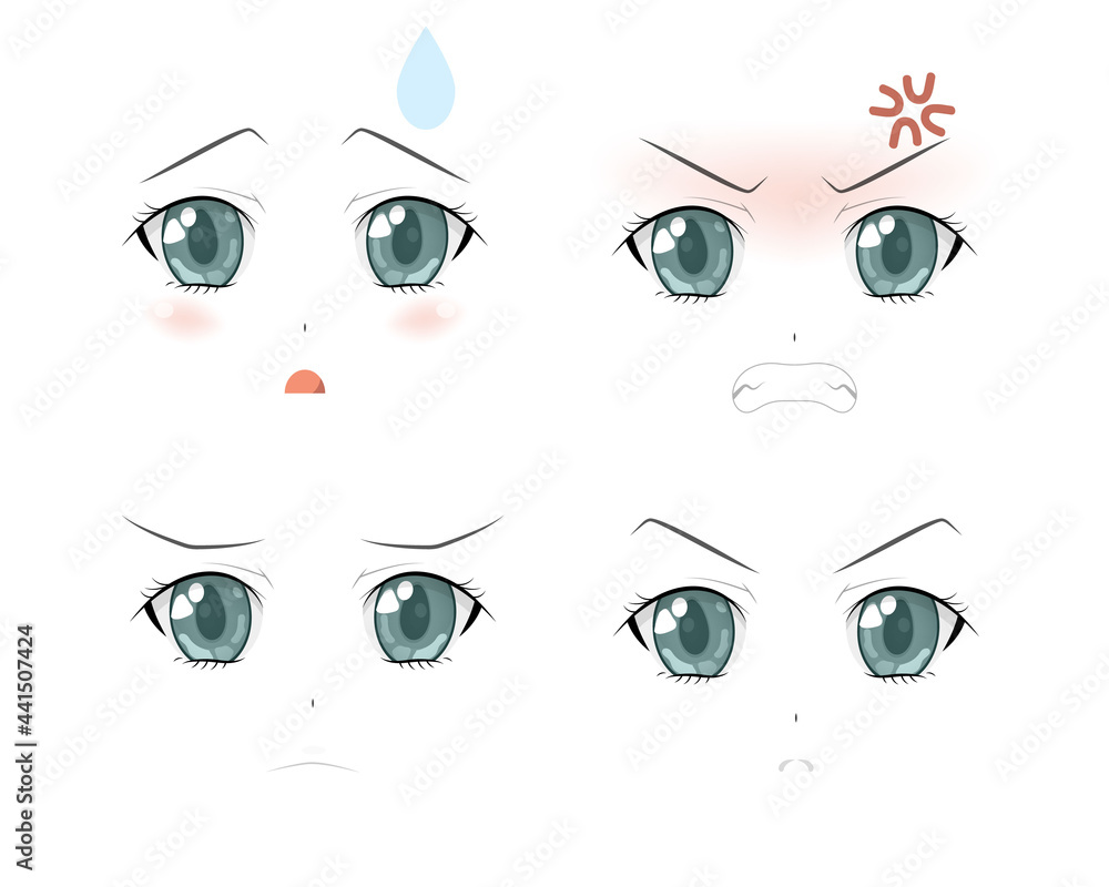 Set of Vector Cartoon Anime Style Expressions. Anime girl in japanese ...