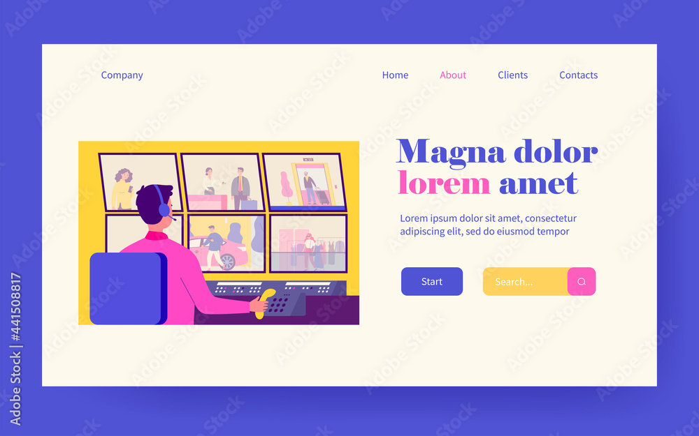 Security service worker sitting in dark control room flat vector ...