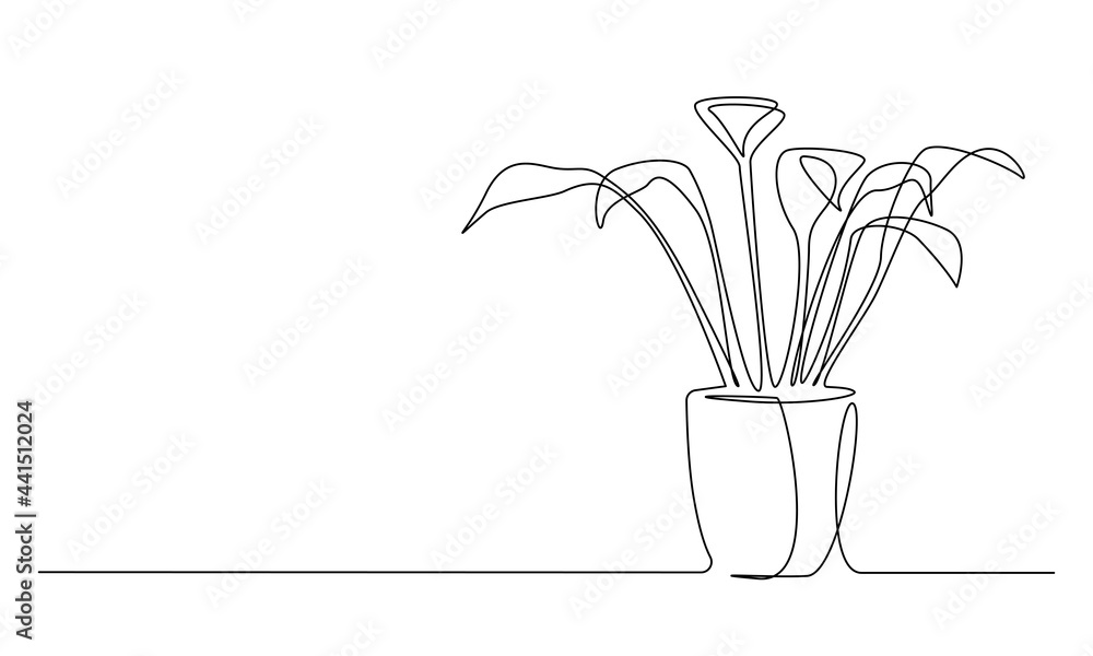 One continuous Line drawing of House deciduous plant in pot. Beautiful ...