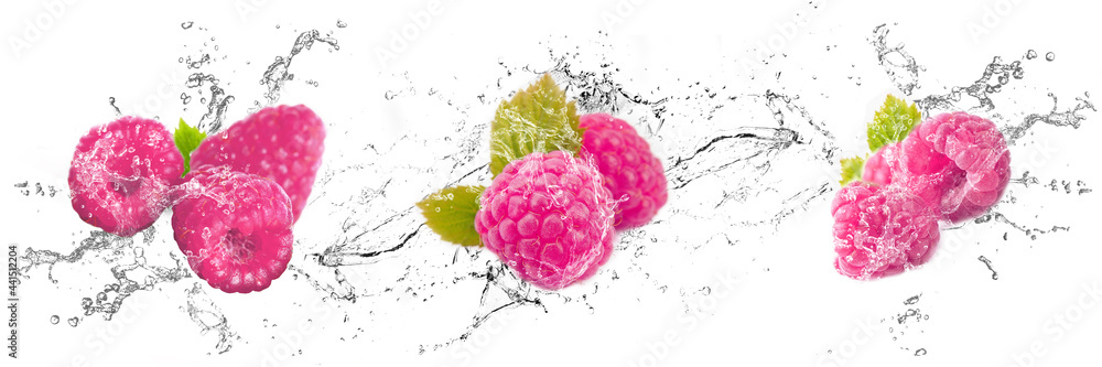 Fresh Raspberries with water splash on isolated white background Stock ...