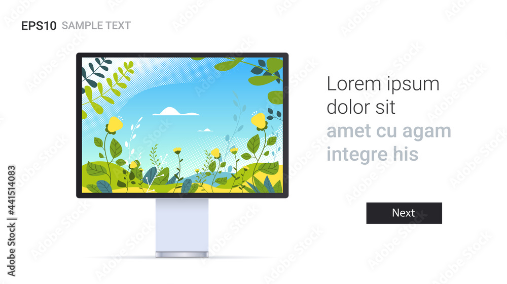 monitor with beautiful landscape wallpaper on screen isolated on white ...