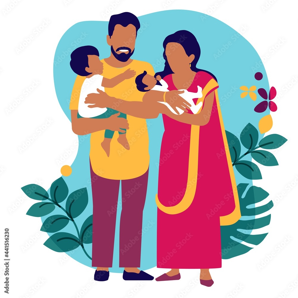 Vector illustration of an Indian family in national costumes with ...