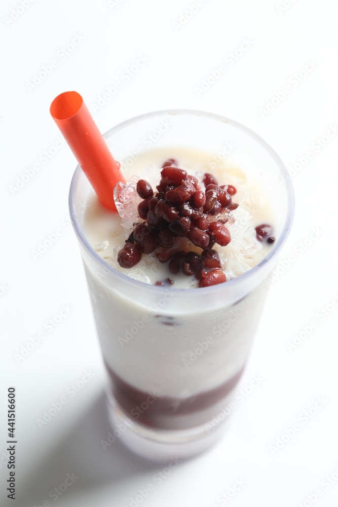 ice cold chilled fresh sweet coconut milk soya drink with red bean ...