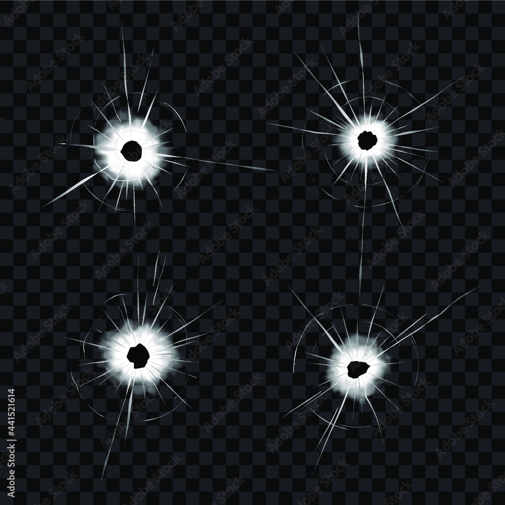 Bullet holes on glass. Realistic cracked holes on transparent ...