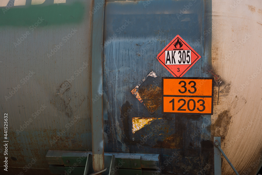 Danger Flammable Liquids Symbol Sign on railway tank. Close up . class ...