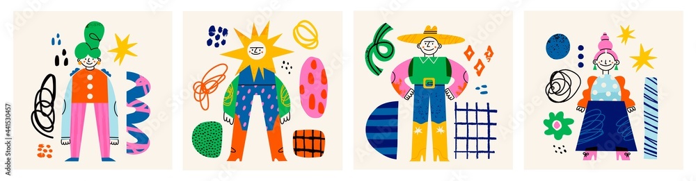 Abstract people and various doodle shapes. Cute disproportionate ...