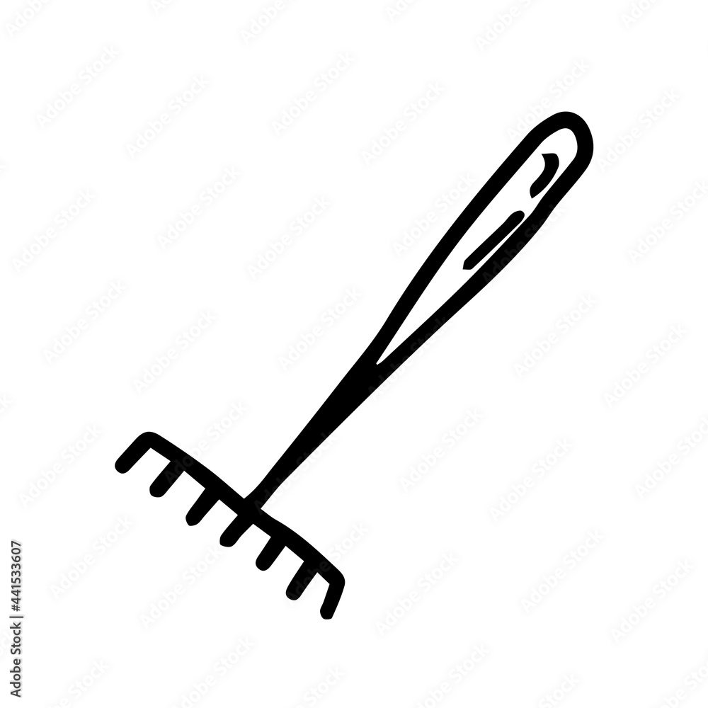 Rake icon. Black outline linear sketch drawing. Vector flat graphic ...
