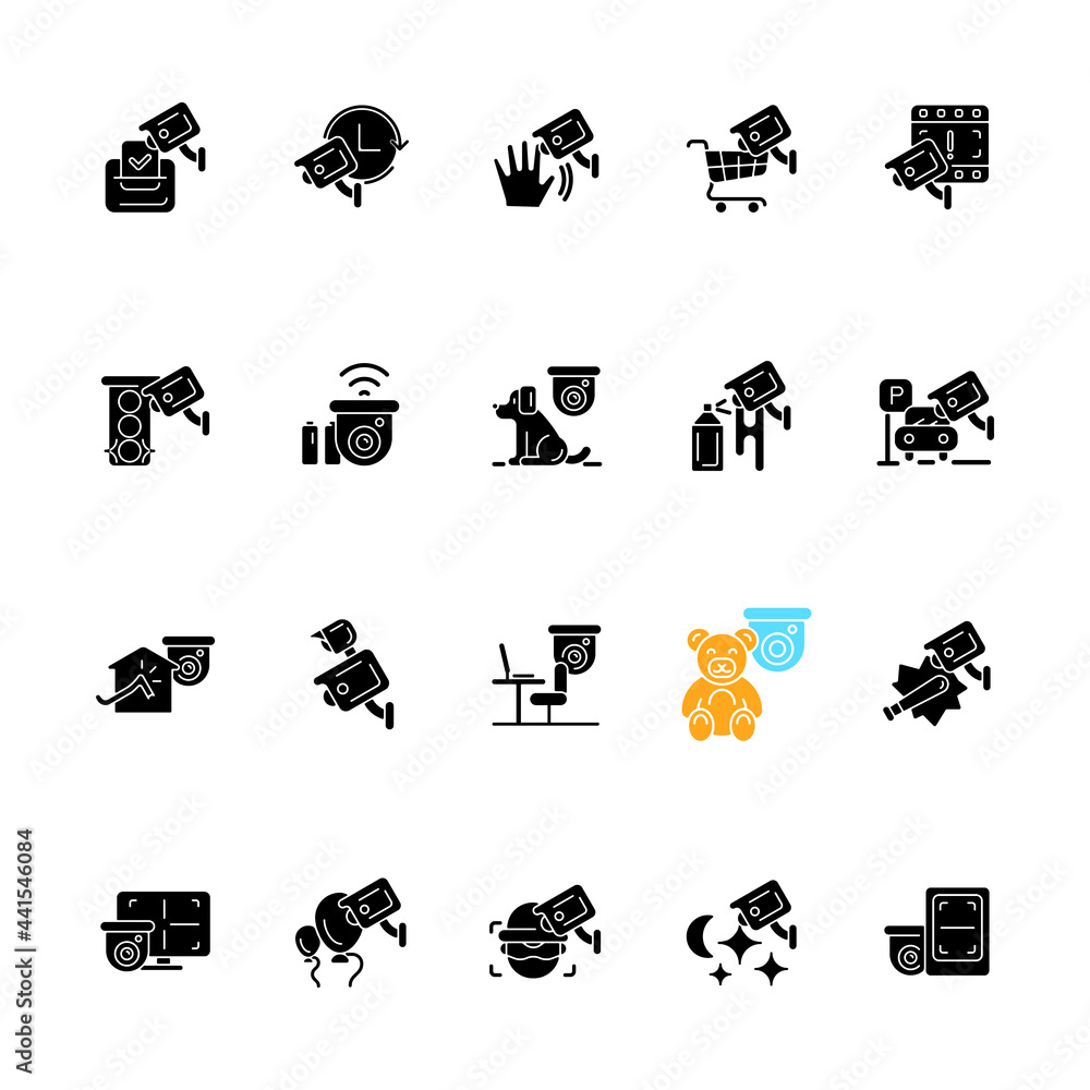 Surveillance and security systems black glyph icons set on white space ...