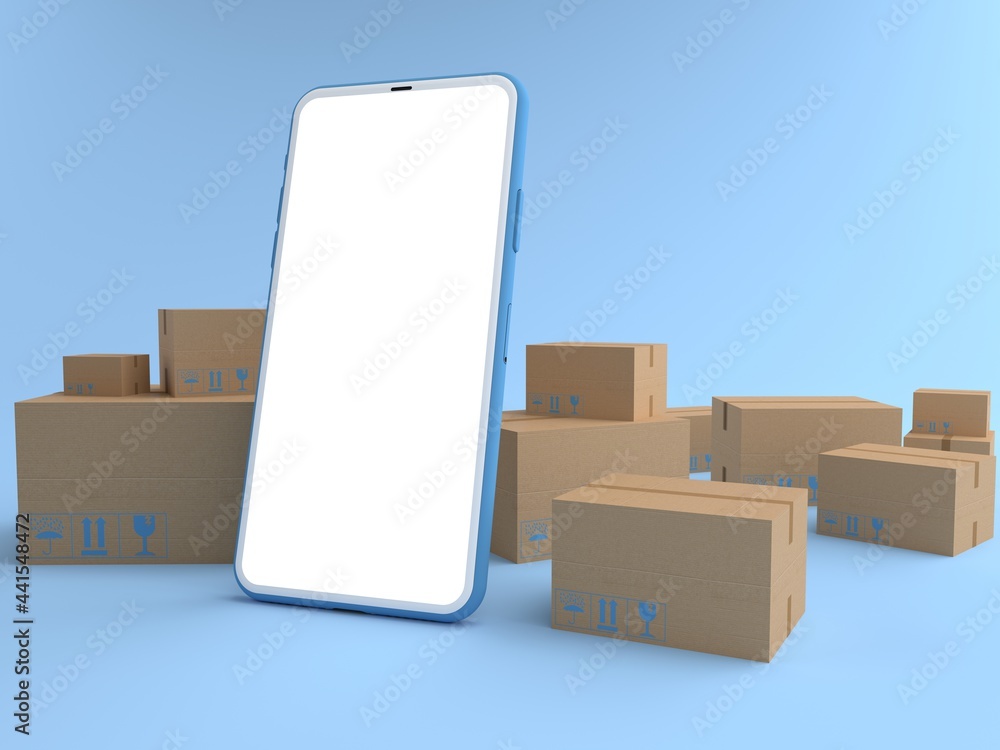 3D rendering of Smartphone white screen surrounded by variety of ...