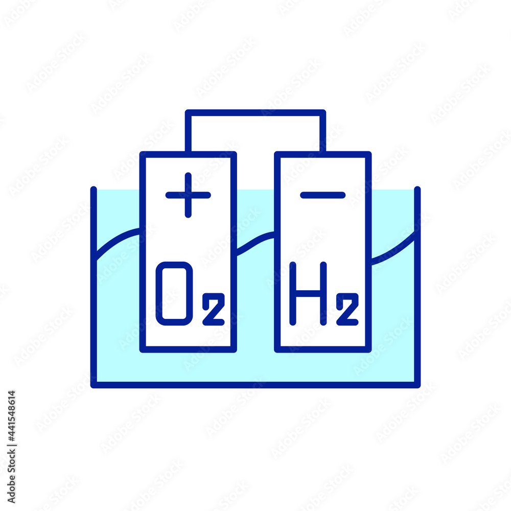 Hydrogen production RGB color icon. Water splitting into hydrogen and ...