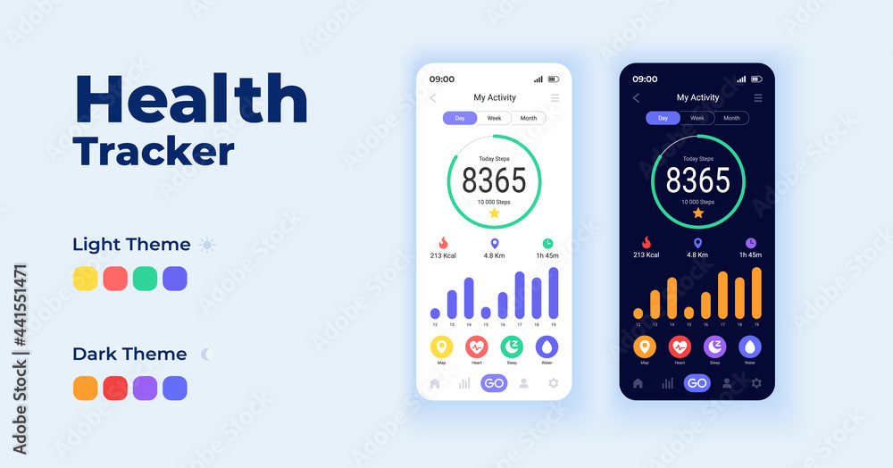 Health tracker cartoon smartphone interface vector templates set ...