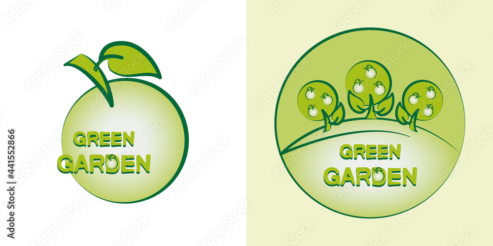 Apple. Green garden. Logo. Can be used as emblem, label, web print ...
